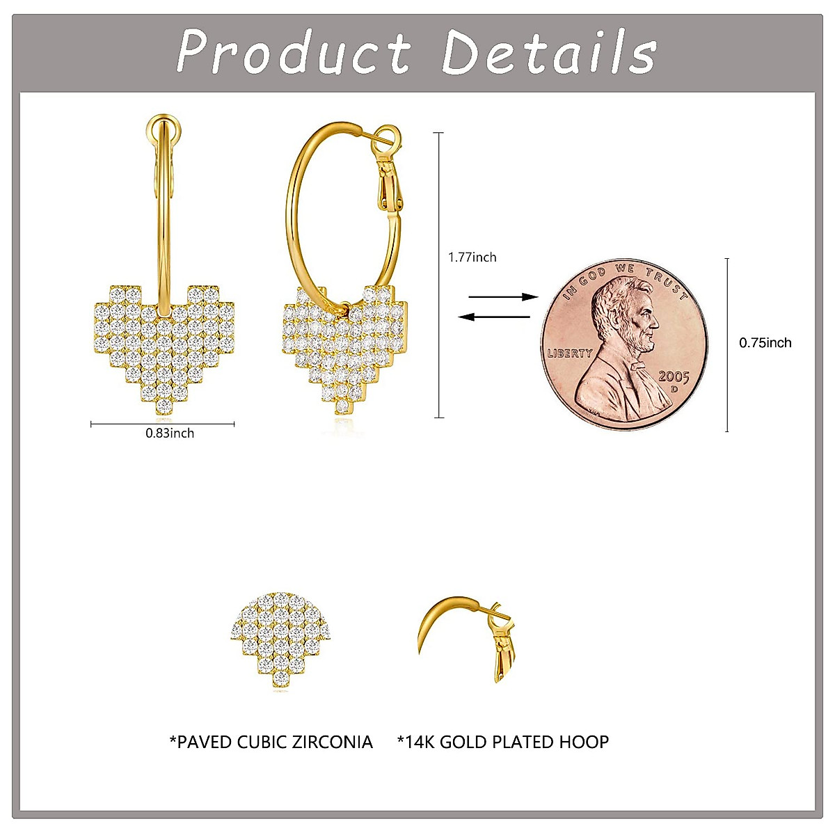 925 Sterling Silver Post Dangle Hoop Earrings for Women 14K Gold Plated Drop Hoops Pave Cubic Zirconia Big Heart-shaped Earrings for Women