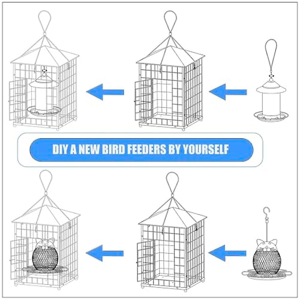 Mealworms Bird Feeders for Bluebirds - Metal - Huge Caged Squirrel-proof Bird Feeders with 2 Cups, DIY Wild Bird Feeders Outdoor Hanging (Blue), Attract Small Birds, 2lbs Seed Capacity+1 Mealworms Cup