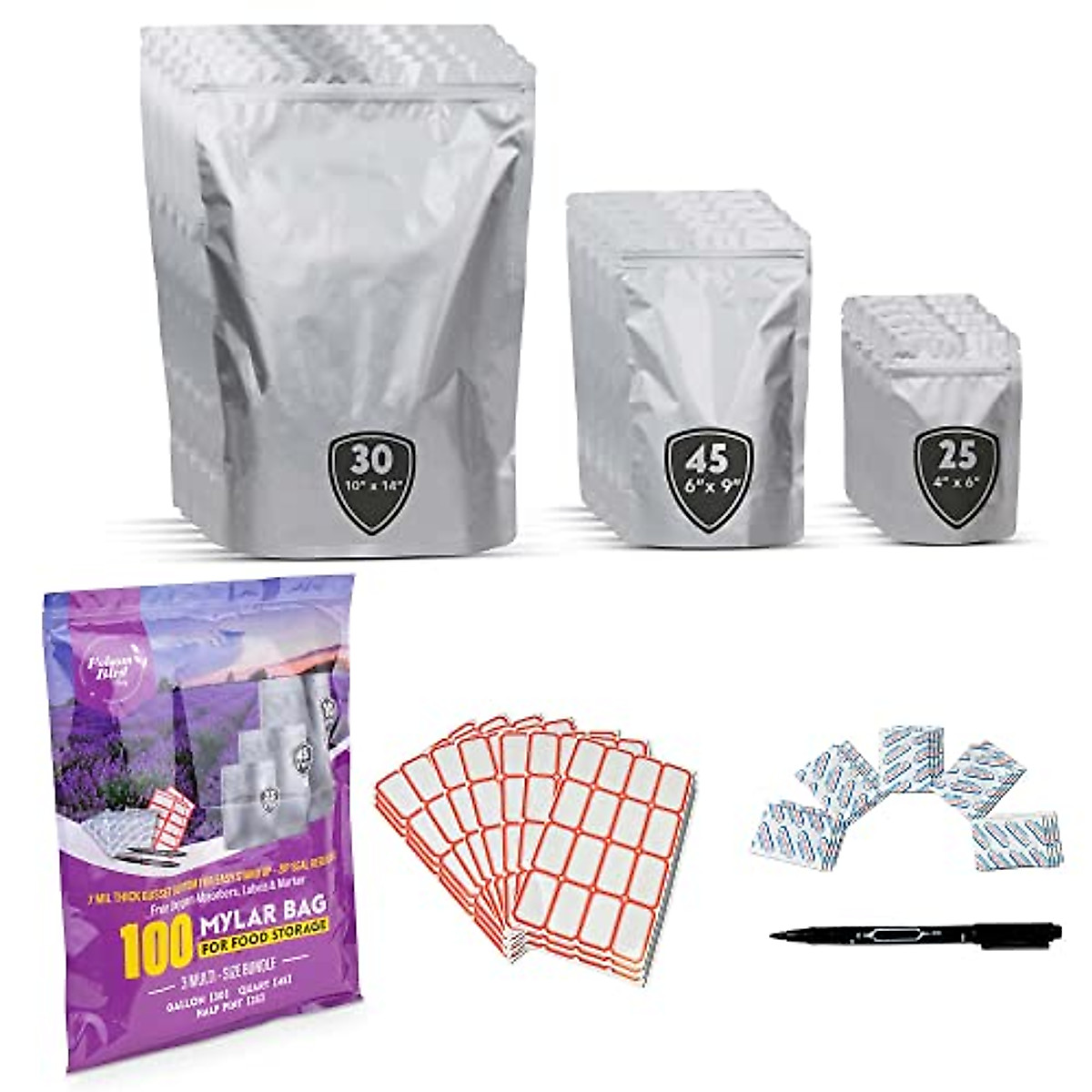 FOLSOM BLVD TODAY - 7 Mil 100 PCS Mylar Bags for Food Storage with Oxygen Absorbers 500CC, 30x Gallon 10x14, 45x Quart 6x9, 25x Half Pint 4x6 - 100 Labels and Marker - Ziplock Heat Resealable Stand-up Airtight Smell Proof - Bolsas Mylar