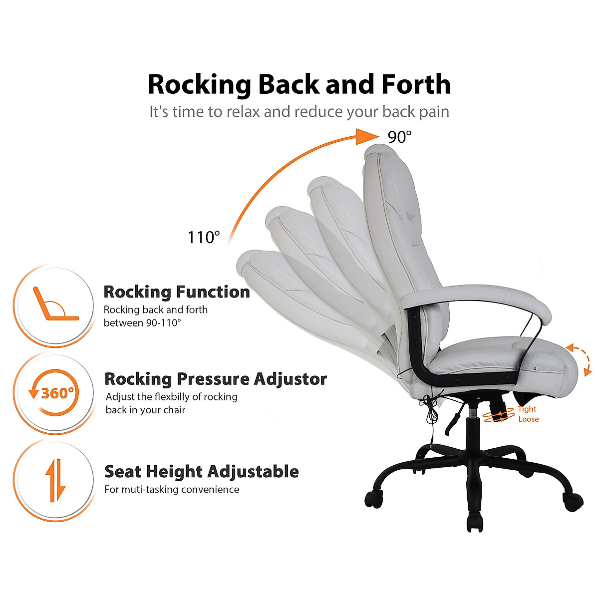 500 LBS Ergonomic Executive Office Chair, High Back Desk Chair with Massage Lumbar Support, Swivel Rocking Chair Computer Desk Chair with Padded Armrest and Adjustable Height, White