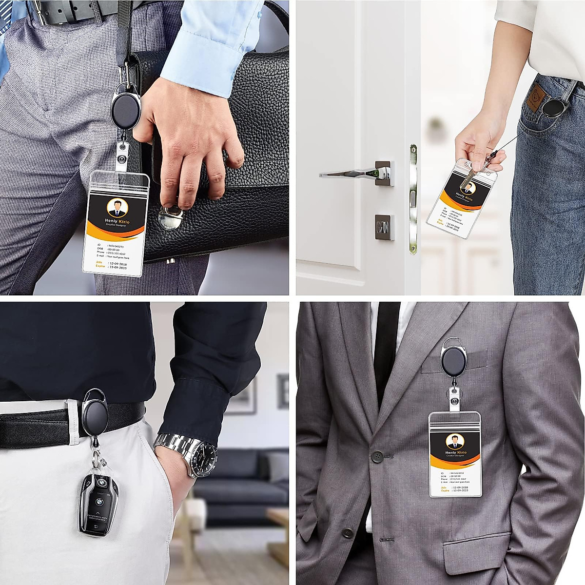 KTRIO 2 Pack Retractable Badge Holders, ID Badge Holders with Heavy Duty Carabiner Reel Clip, Vertical Style Clear ID Card Holders with 28 inches Kevlar Pull Cord