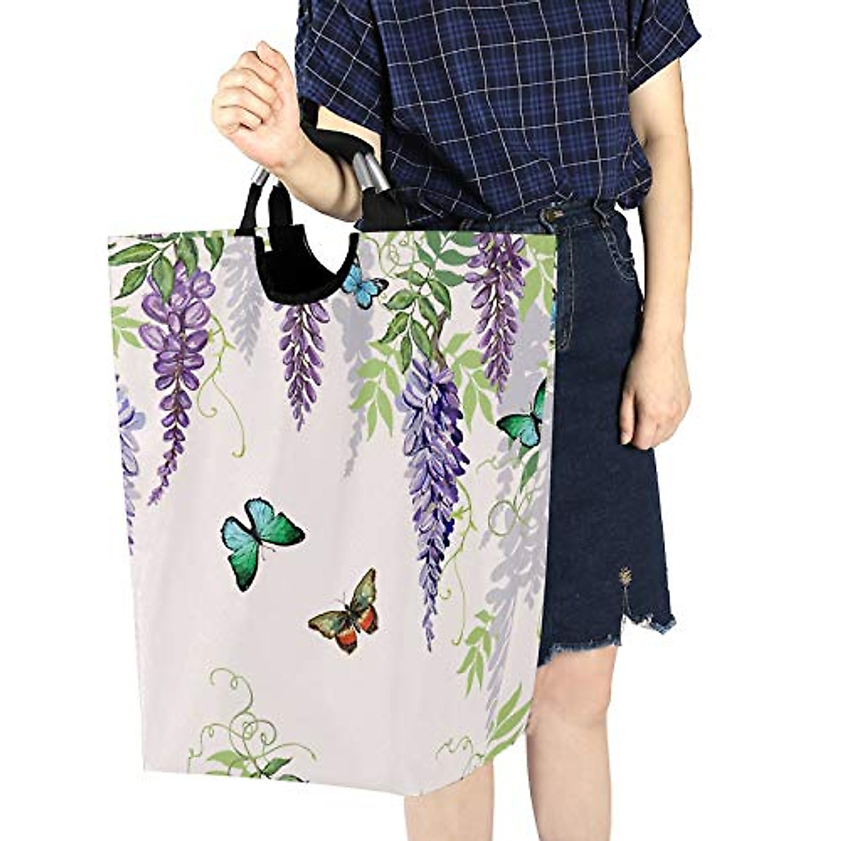 OTVEE Tropical Purple Flowers Butterfly Kids Laundry Basket Folding Laundry Hamper Organizer for Clothes Toy Book Storage
