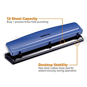 Bostitch Office Premium 3 Hole Punch, 12 Sheet Capacity, Metal, Rubber Base, Easy-Clean Tray, Silver