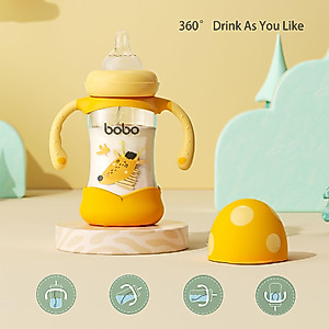 YOHKOH Natural Glass Baby Bottle with Natural Response Nipple, Wide Neck Baby Bottles with Handle, Newborn Anti-Colic Baby Bottles Gift Set, Clear (5.4oz (Pack of 2), Yellow)