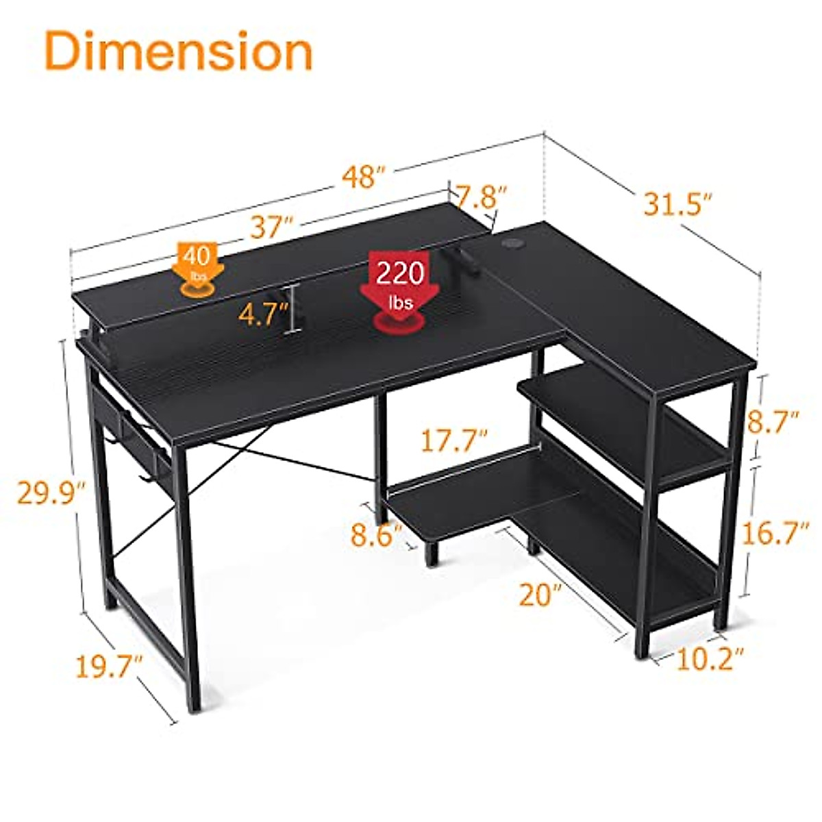 ODK Small L Shaped Desk, 48 inch Corner Desk with Reversible Storage Shelves, Computer Desk with Monitor Shelf and PC Stand for Home Office, Gaming Desk with Headphone Hooks, Black