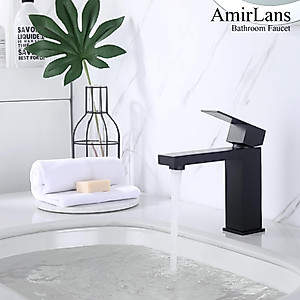 AmirLans Black Faucet Bathroom, Stainless Steel Matte Black Bathroom Faucet Single Hole with Pop Up Drain, Single Handle Faucet AML-1141-BK