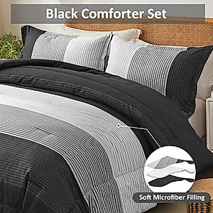 WONGS BEDDING Black Comforter Set Queen, Reversible Black Grey Stripe Down Alternative Comforter for All Season,3 Pieces(1 Patchwork Comforter+2 Pillowcases), Soft Microfiber Bedding Set 90"×90"