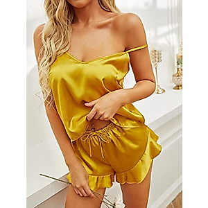 MakeMeChic Women's Satin Cami Pajama Shorts Set Silk Pj Set 2 Piece Sleepwear Mustard Yellow XL