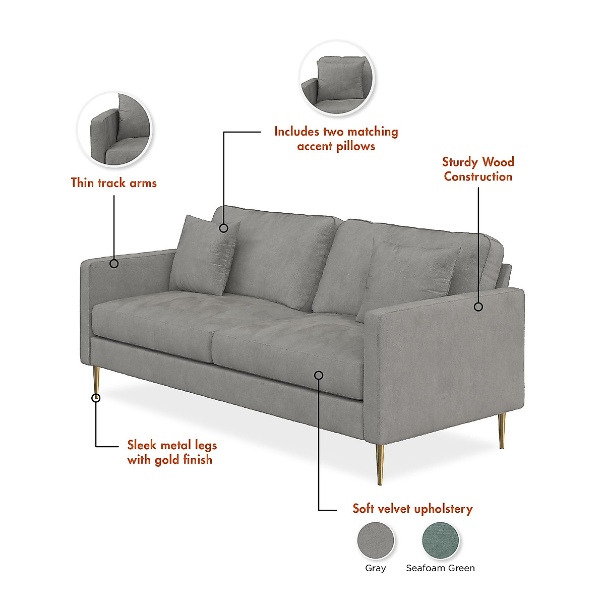CosmoLiving by Cosmopolitan Highland Sofa with Pillows, Gray Velvet