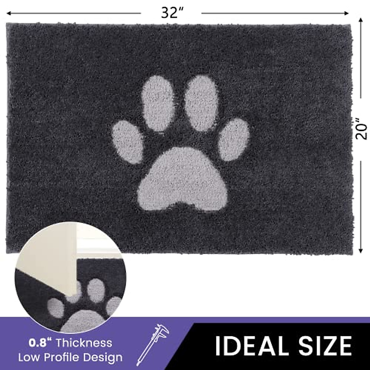 Door Mat Indoor, Dog Mats for Muddy Paws Super Absorbent, Low-Profile Entryway Rug with Non-Slip Backing, Washable Dirty Trapper Inside Entrance Doormat for Shoes, 20" x 32", Dark Gray