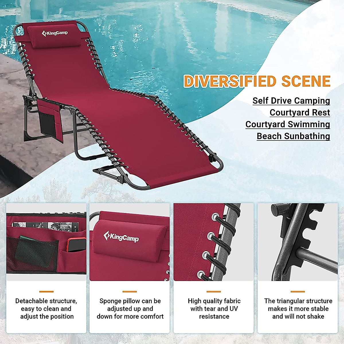 KingCamp Adjustable 5-Position Heavy Duty Folding Chaise Lounge Chair with Pillow Pocket, Portable Great for Outdoor Patio Lawn Beach Pool Sunbathing, Supports 264lbs（2 Pack）