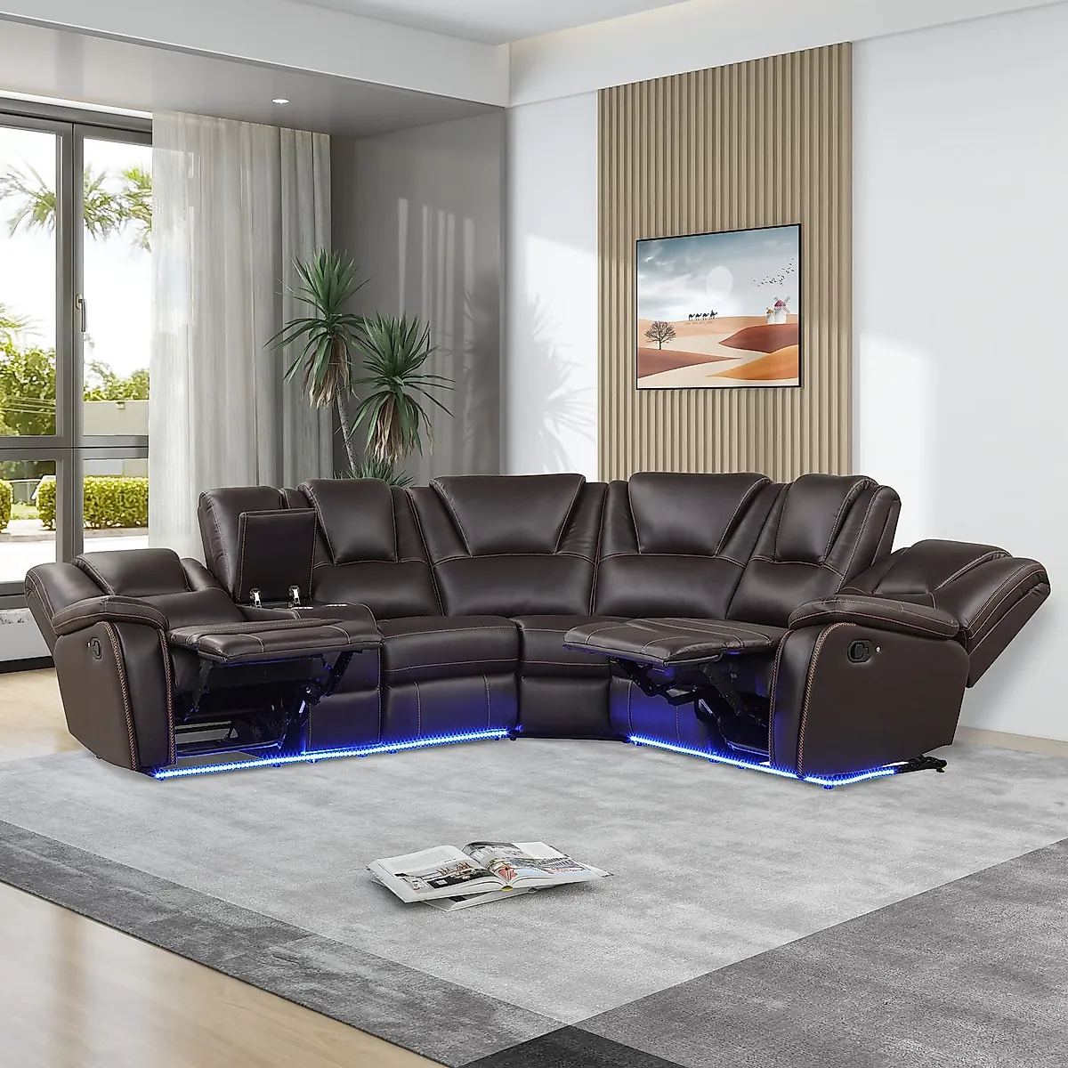Lifeand Modern Faux Leather Manual Reclining with Center Console and Light Strip,PU Symmetrical Couch with 2 Cup Holders and Storage for Living Room,Brown
