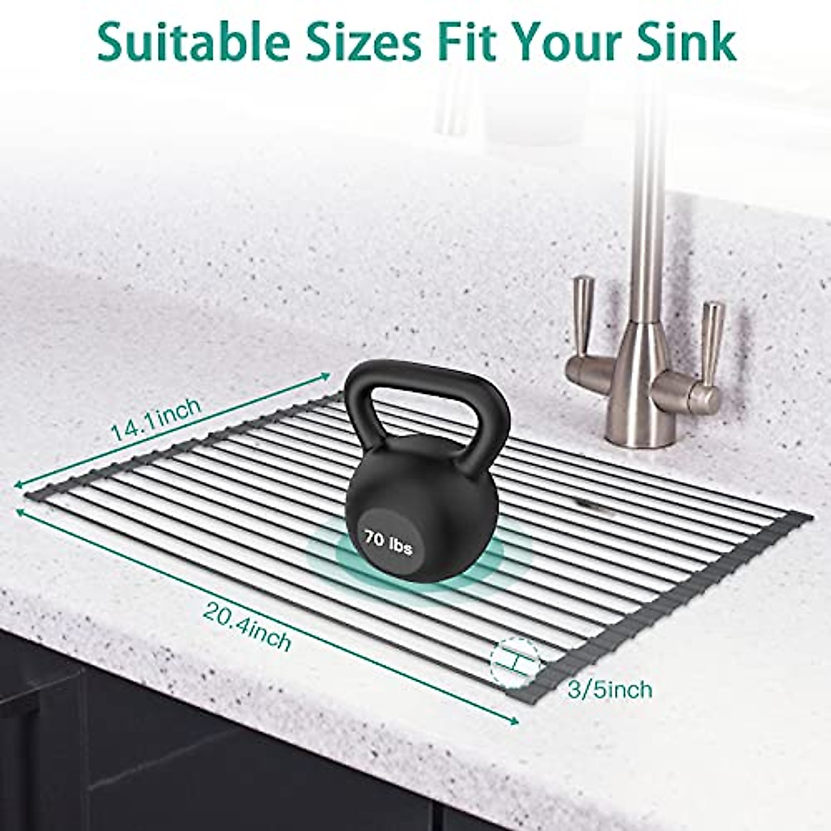 Roll Up Dish Drying Rack, 20.4’’ x 14.1’’ Over The Sink Multipurpose Roll Up Dish Rack Kitchen Portable Roll Up Sink Drying Rack, Anti-Slip Silicone Rolling Dish Drainer for Kitchen Counter