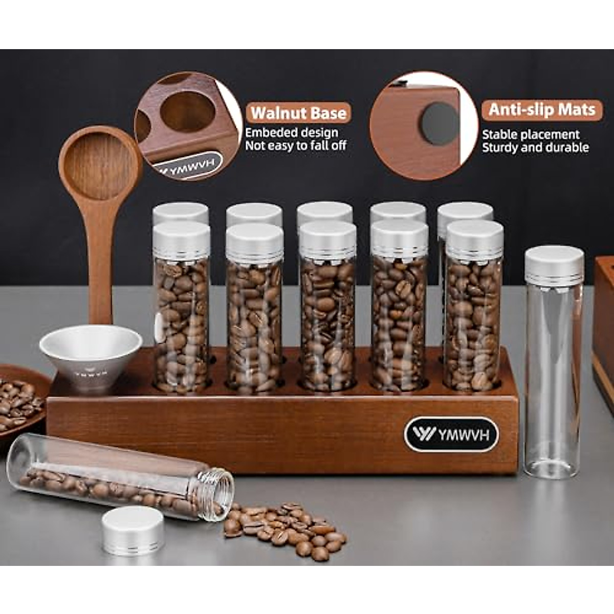 YMWVH Coffee Bean Storage Glass Tubes Single Dose, 12PCS Coffee Bean Cellar Container Vials With Lids (2 Oz) Wooden Display Stand And Funnel Coffee spoon