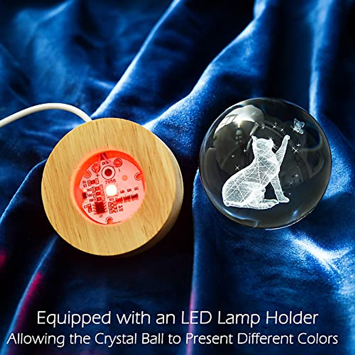 Cat Lover Gifts for Women 3D Cat Figurines in Crystal Ball 60mm Decor Cat Collectibles Snow Globes Gift Glass Sphere Home Decor with Wooden Light Base