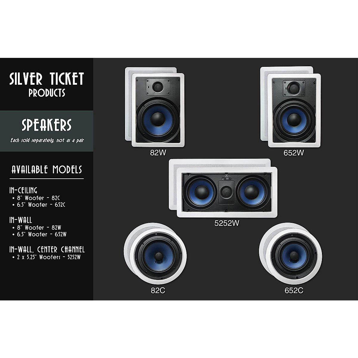 Silver Ticket Products 1 x Center, 1 x Left & 1 x Right in-Walls and 2 x in-Ceiling Surround Sound 5.1 Speaker Home Theater Bundle Package