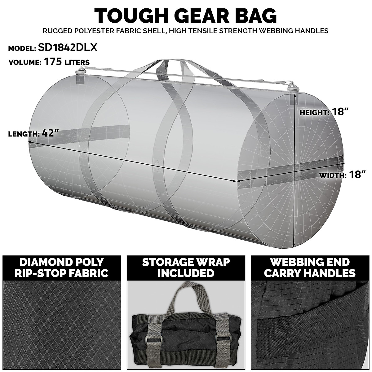 North Star Sports SD1842 Diamond Ripstop Standard Duffle Gear Bag 18"H x 18"W x 42"L, 175 Liter, Midnight Black Duffel Northstar Bags