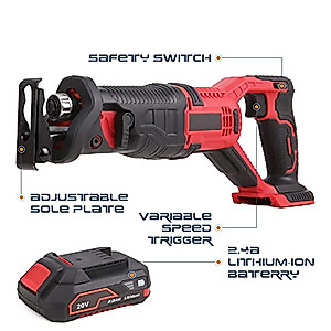 20V Cordless Reciprocating Saw, 2.0Ah Lithium Battery Pack, 0-3000RPM Variable Speed, 6 Saw Blades Wood/Metal/PVC Pile Cutting Electric Saw with Orbital Cutting Switch