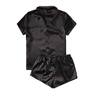 WDIRARA Women's Sleepwear Striped Satin Short Sleeve Shirt and Shorts Pajama Set Dull Black S