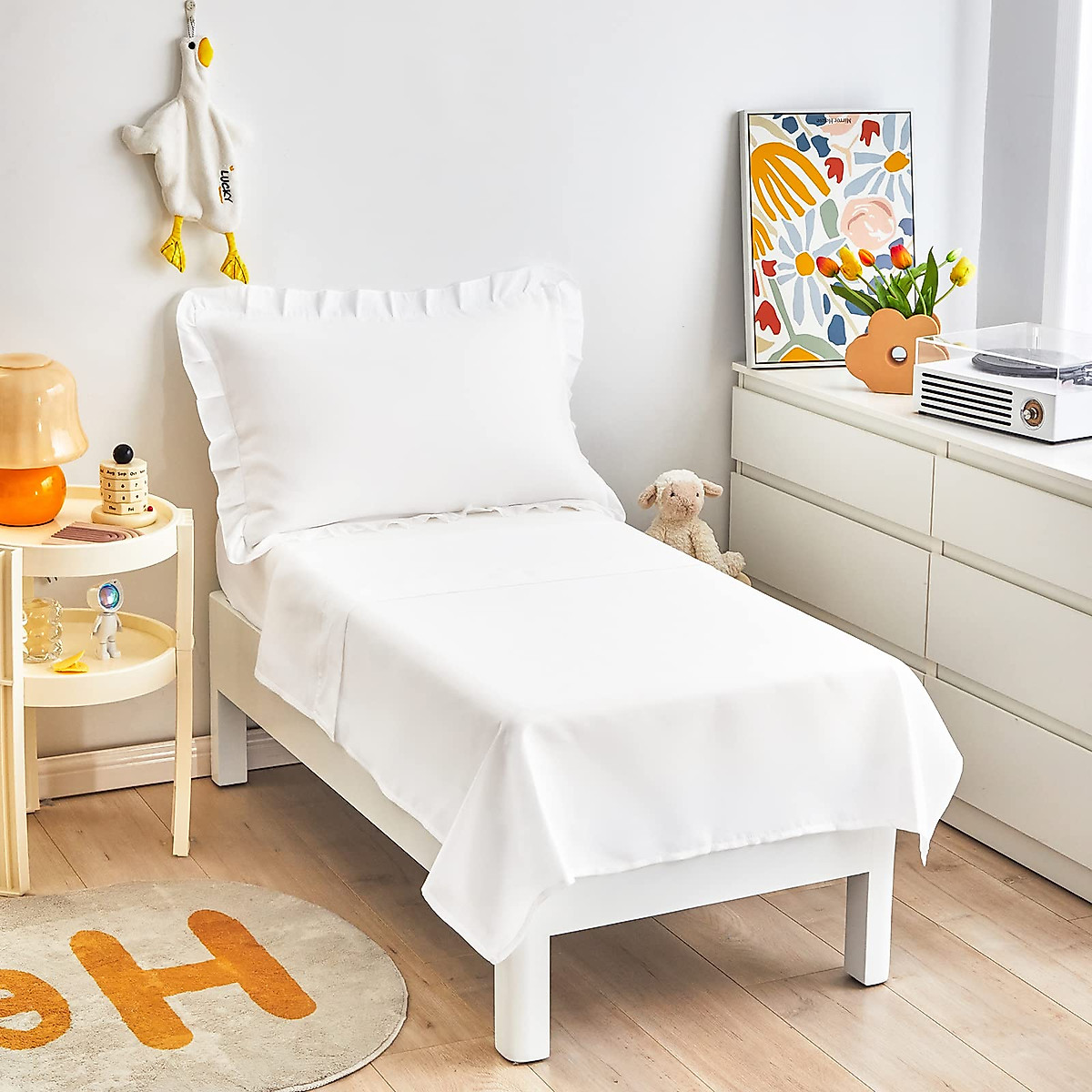 4 Pieces White Toddler Bedding Set with Ruffle Fringe, Solid Color Toddler Bed Set - 1 Toddler Comforter + 1 Fitted Sheet +1 Flat Sheet +1 Pillowcase for Baby Boys and Girls