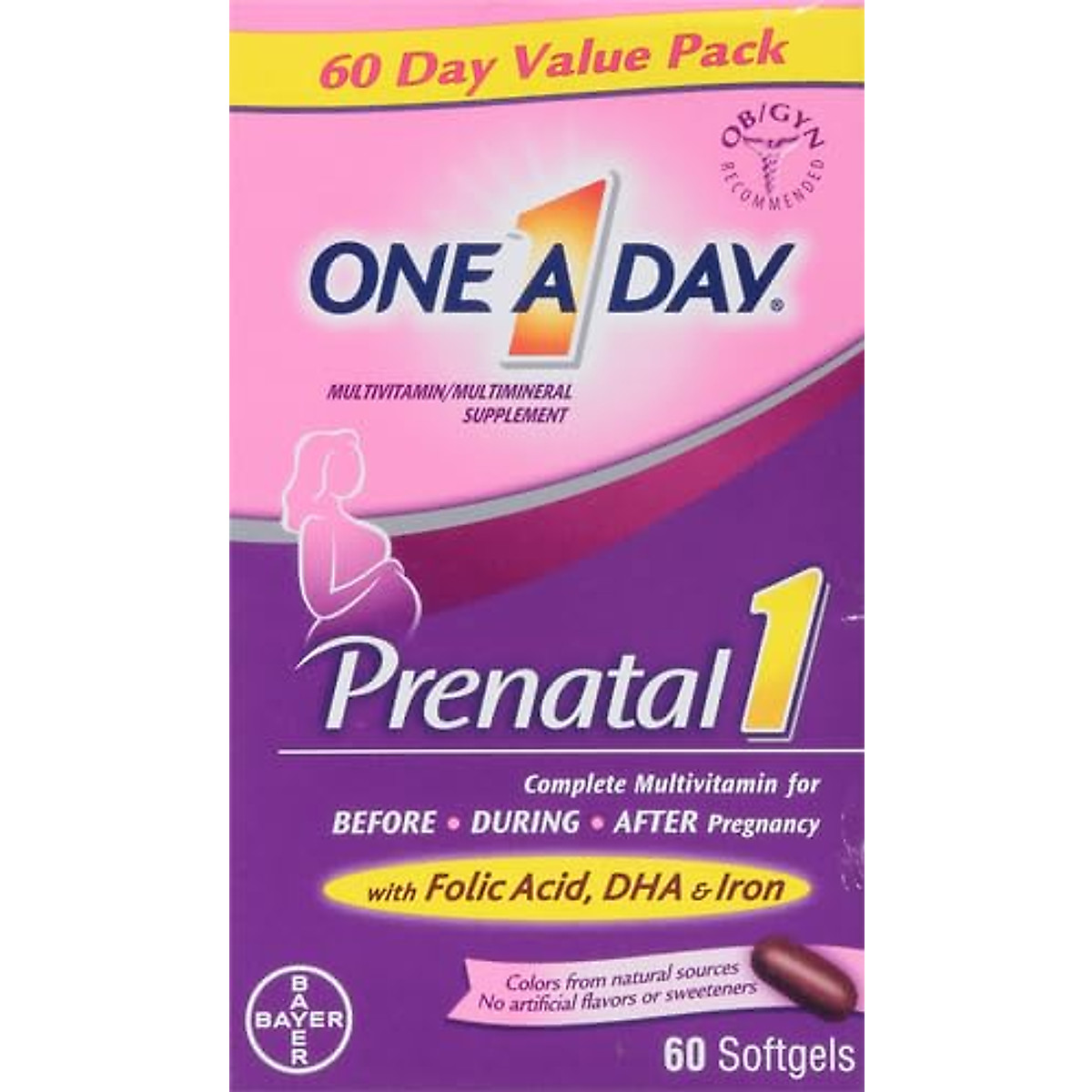 One A Day Women's Prenatal 1 Multivitamin Including Vitamin A, Vitamin C, Vitamin D, B6, B12, Iron, Omega-3 DHA & more, Tablet,Softgels, 60 Count - Supplement for Before, During, & Post Pregnancy