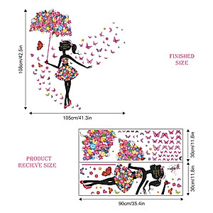 Supzone Flower Fairy Wall Decal Girl with Umbrella Wall Sticker Colorful Butterfly Floral Wall Decor DIY Vinyl Mural Art for Girls Baby Nursery Bedroom Living Room Playroom