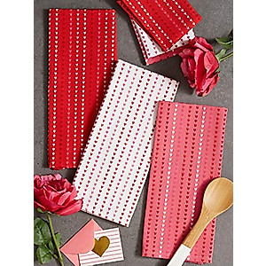 DII Valentine's Day Collection Kitchen, Dishtowel/Dishcloth Set, Hearts Dobby Stripe, 6 Piece