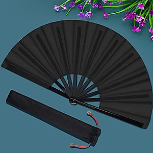 2 Packs Large Folding Hand Fan Handheld Folding Fans Chinese Tai Chi Nylon Cloth Chinese Kung Fu Fan with Holder Sleeve for Men and Women Performance Dance Decorations Festival (Black)