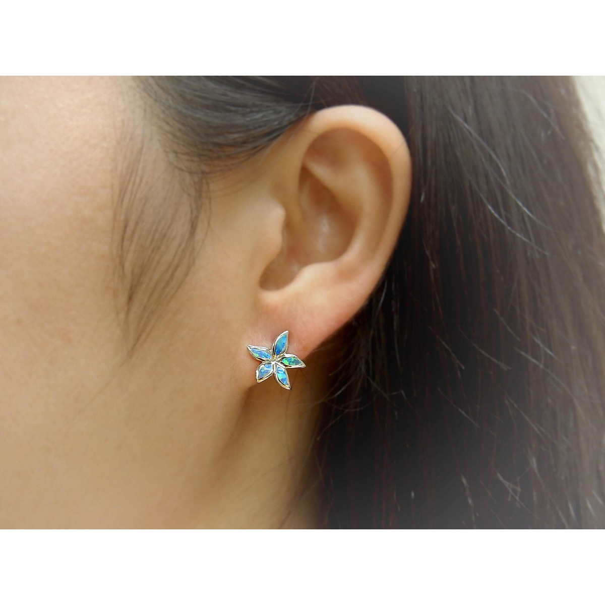 Sterling Silver Synthetic Blue Opal Plumeria Starfish Stud Earrings