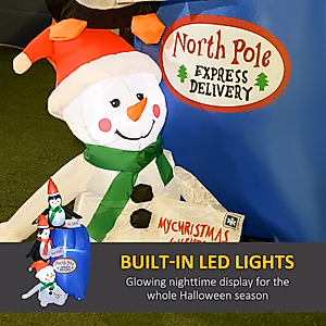 HOMCOM 6ft Christmas Inflatables Outdoor Decorations North Pole Mailbox with Penguins and Snowman, Blow-Up Yard Christmas Decor with LED Lights Display