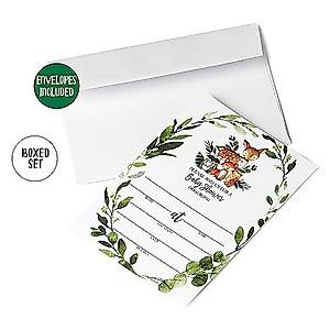 25 Wreath Woodlands Greenery Baby Shower Invitations (Large Size 5X7 inches), Diaper Raffle Tickets, Baby Shower Book Request Cards with Envelopes Woodland Creature Invites Neutral Baby Showers Fox