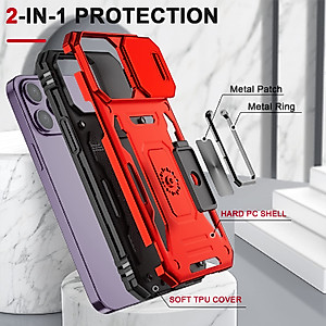 AUPAI for iPhone 14 Pro Max Case with Slide Camera Cover and Screen Protector, Heavy Duty Military Grade Protective Phone Case with Kickstand for Apple iPhone 14 Pro Max Red