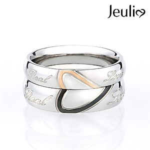 Jeulia Sterling Silver Band for Women Heart Shape Two Tone Angel Wing Fingerprint Inlay Rings Couples Wedding Engagement Promise Jewelry with Gifts Box (Heart2, 5)