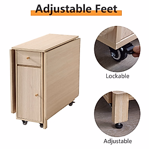 COMUHOME Extendable Drop Leaf Folding Dining Table with 2 Drawers and 4 Wheels for Living Room Kitchen Farmhouse Space Saving Table in Wood Color