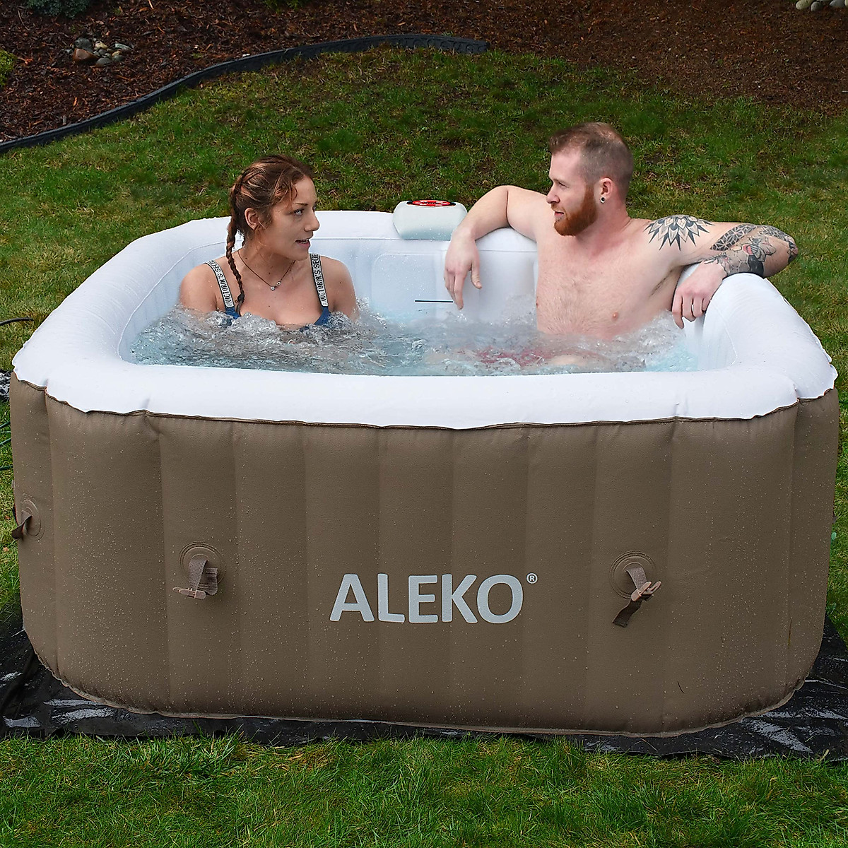 ALEKO Inflatable Hot Tub Spa | Personal High Powered Jetted Bubble | with Fitted Cover and 3 Filters | 160 Gallon | 4 Person Square | Brown | HTISQ4BR