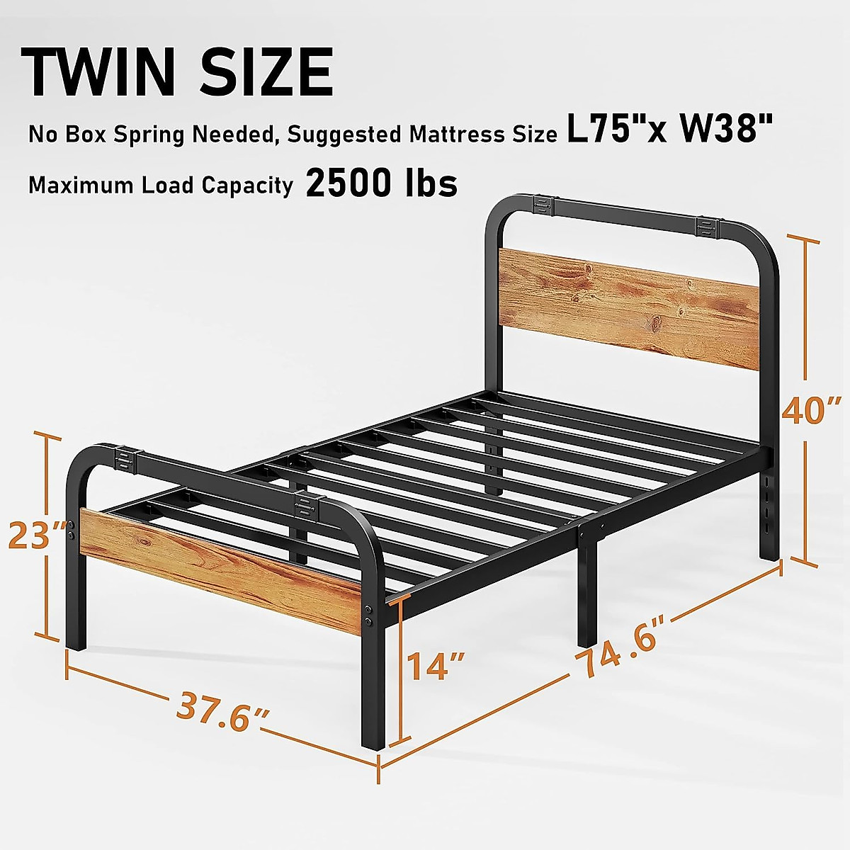 ZIYOO Industrial Style Twin Size Metal Bed Frame with Solid Wood Headboard and Footboard, 14 Inch High Heay Duty Steel Slats Support No Box Spring Needed，Easy Assembly Structure