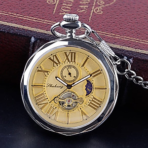 Classic Gold Capless Men's Mechanical Pocket Watch, Smooth Capless Moon Phase Roman Numeral Pointer Mechanical Pocket Watches for Men