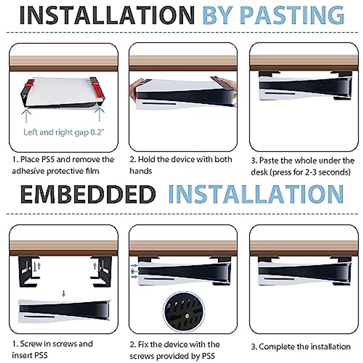 Under Desk Mount for PS5 No Drill, Chanvoo Aluminum Under Desk Mount Holder for Playstation 5 Disc & Digital Edition with Adhesive (Silver)