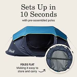 Coleman Pop-Up Camping Tent with Dark Room Technology, 2/4 Person Tent Sets Up in 10 Seconds & Blocks 90% of Sunlight, Includes Pre-Assembled Poles, Adjustable Rainfly, & Taped Floor Seams