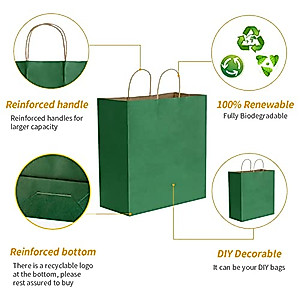 vanhel 50Pcs 13.85x13.85x6.3 inch Kraft Paper Bags with Handles,Gift Bags Large,100% Recyclable Green Paper Bags,Gift Bags Bulk,for Boutiques,Small Business,Retail Stores(Green)