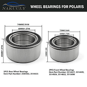 Nakuuly 3514699 3514635 Front and Rear Wheel Bearings Compatible with Polaris Ranger RZR 800/RZR S 800 2010-2014,Ranger 900 XP/Ranger 900 Crew 2013-2016 Replaces # 3585502 3514627, 4pcs