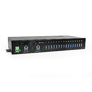 16 Port USB 3.2 Hub with Dual Upstream Ports, Surge Protection, Screw Lock, Rack & DIN Rail Mounting