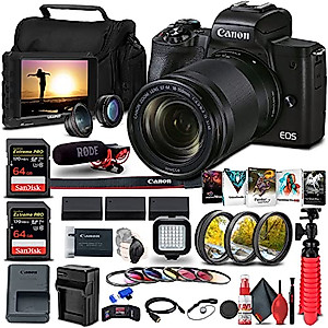 Canon EOS M50 Mark II Mirrorless Camera with EF-M 18-150mm is STM Lens (4728C001) + 4K Monitor + Rode VideoMic + 2 x 64GB Memory Card + Color Filter Kit + 3 x LPE12 Battery + More (Renewed)