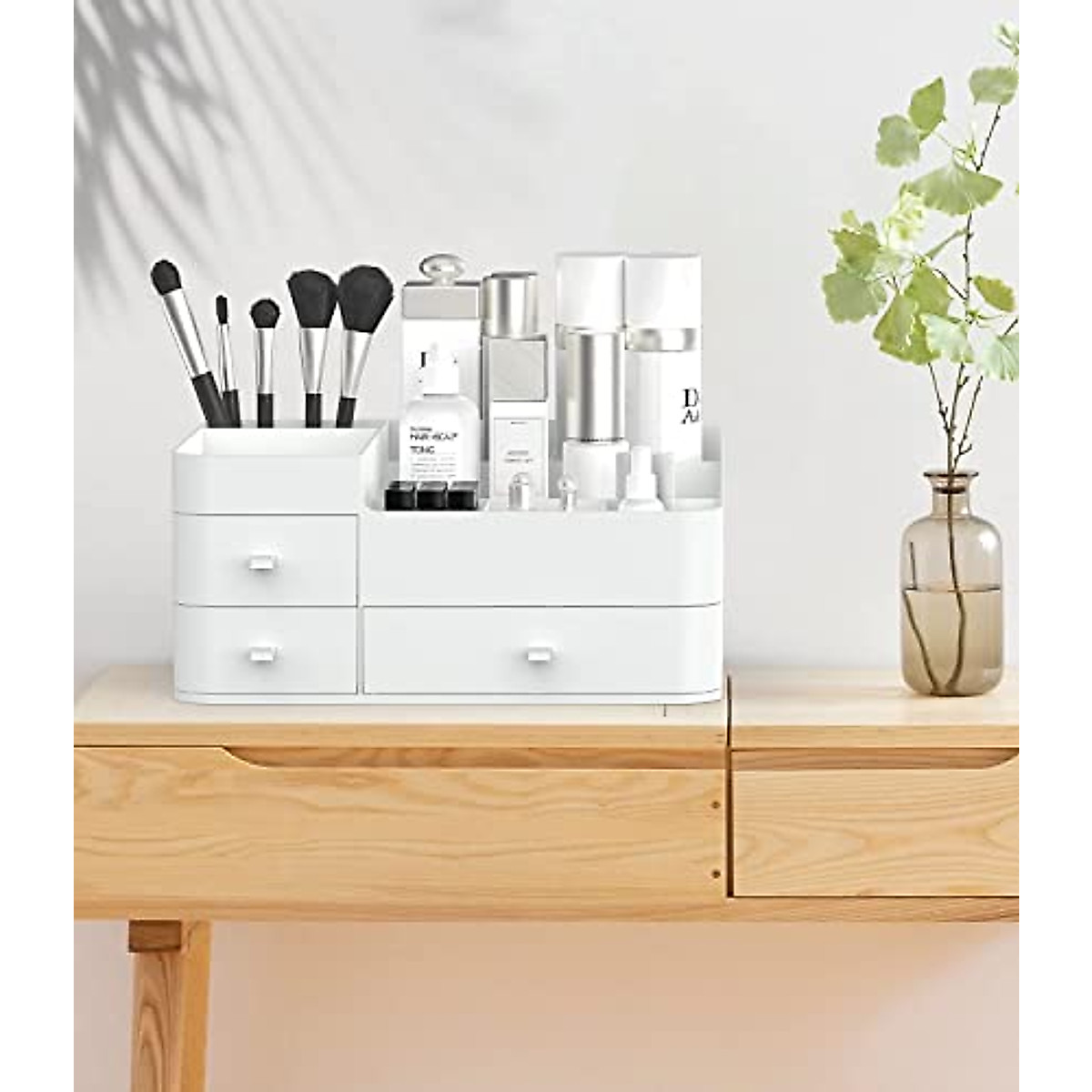 Makeup Organizer Storage with Drawers, Cosmetic Display Case for Brushes, Lotions, Perfumes, Eyeshadow, Nail Polish Ideal for Bathroom, Dresser, Countertop (White)
