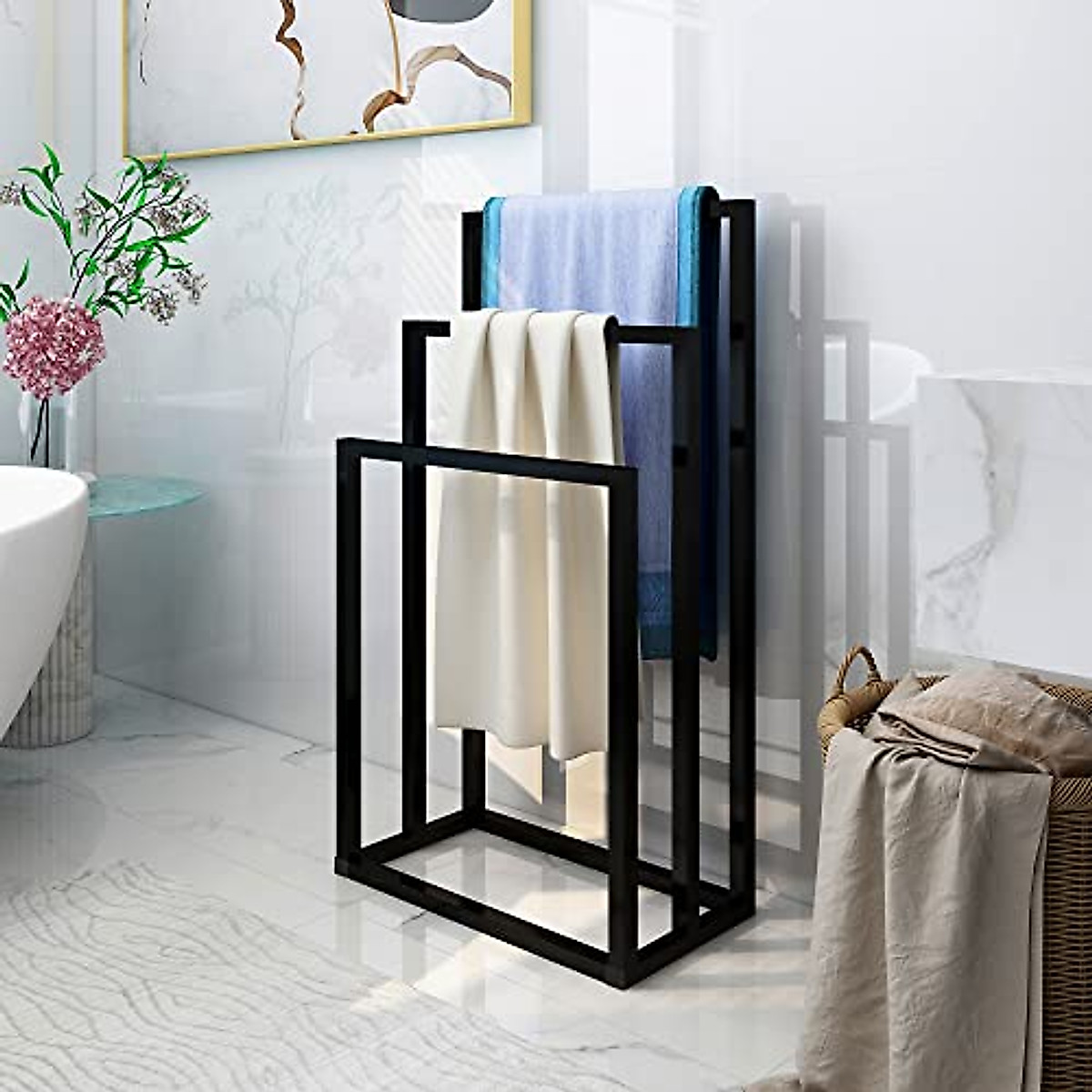 3 Tiers Metal Towel Rack Modern Freestanding Black Towel Holder for Bathroom Accessories Organizer(Black)