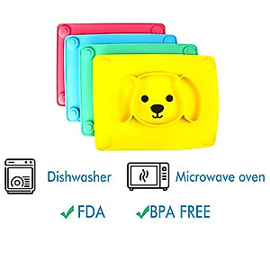 Qshare Toddler Plate, Portable Baby Plates for Toddlers and Kids, BPA-Free Strong Suction Plates for Toddlers, Dishwasher & Microwave Safe Silicone Placemat 11x8x1 inch (3Puppy-Yellow)