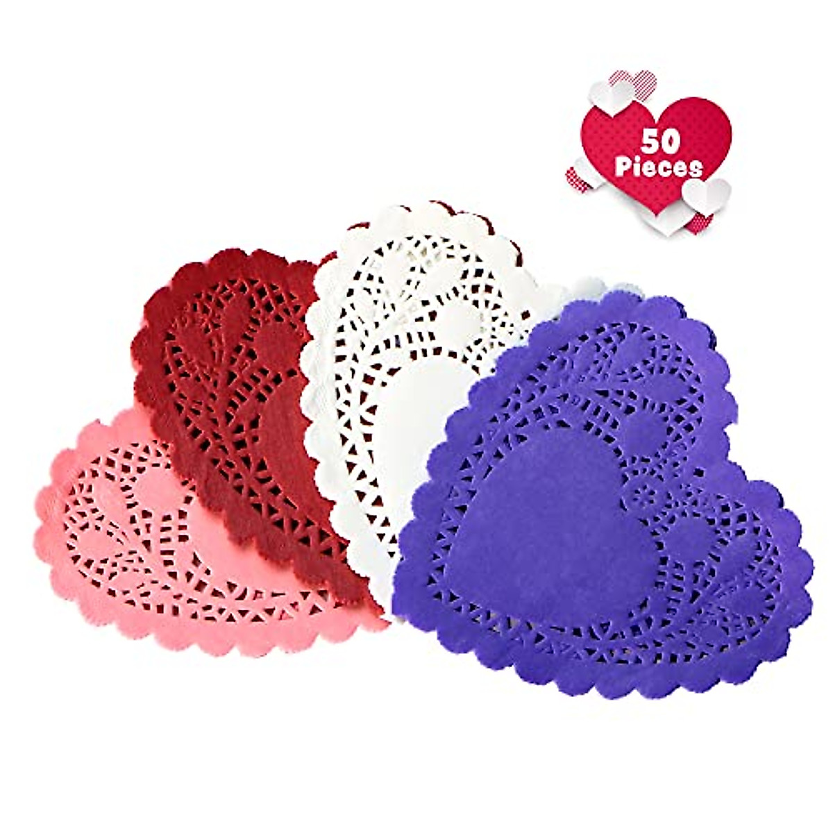 JOYIN 62 Pcs Valentines Day Heart Doilies Craft Gift Set with 50 Pcs Heart Paper Doilies, 12 Pcs Foam Hearts and 1 Bags of Glitter Foam Heart Stickers for Valentine's Day Party Tableware Decoration