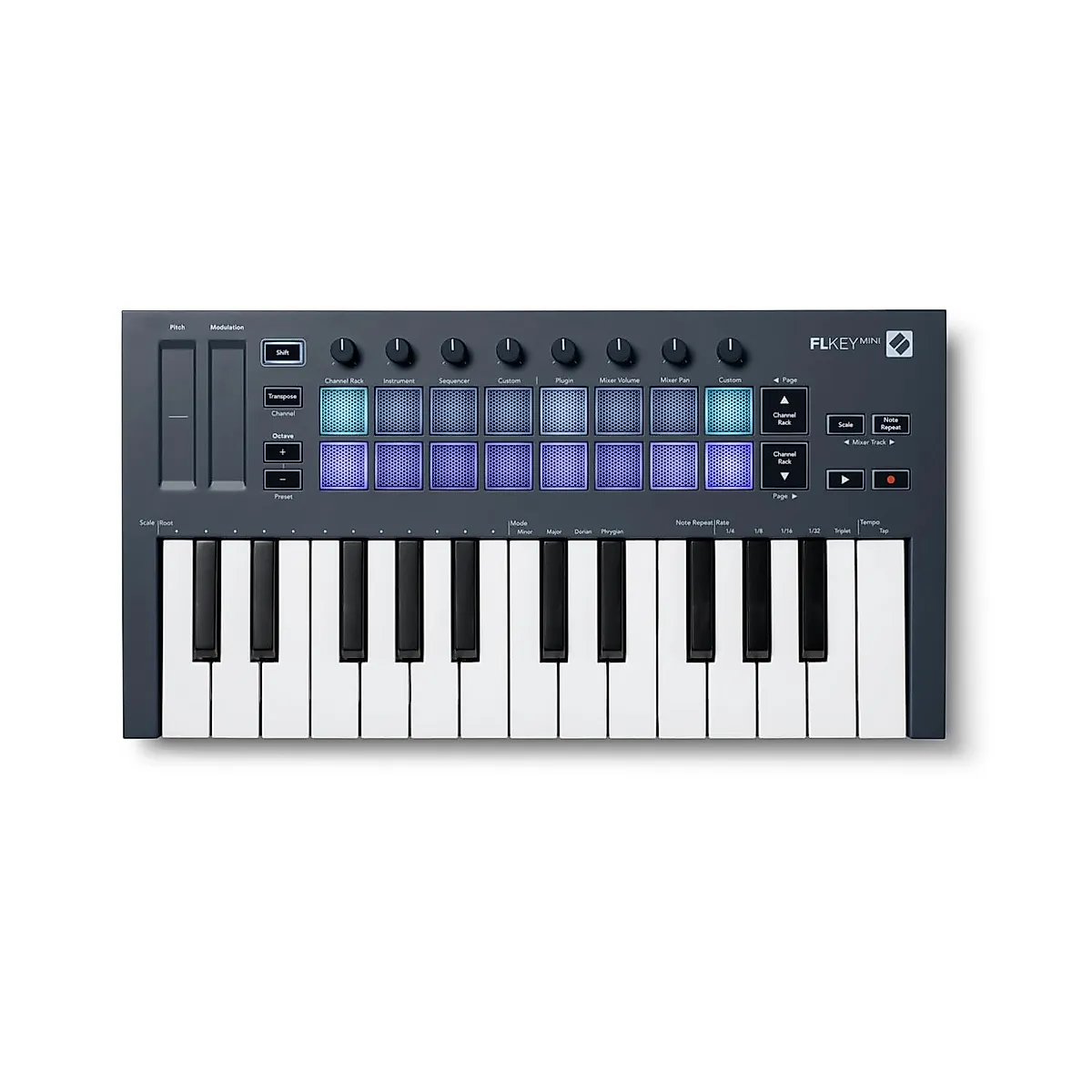 Novation FLkey Mini 25-Key MIDI Keyboard Controller for FL Studio Bundle with 20 Fruity Edition Software (Boxed), Keyboard Piano Style Sustain Pedal (Black) and 4-Port USB 3.0 Hub (4 Items)