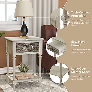 SUNBURY Vintage Nightstand with Drawer, Wood Small Bedside Table with Open Shelf, Shabby Accent End Side Table for Living Room, Bedroom