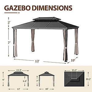 Devoko 10X13 FT Hardtop Gazebo Double Polycarbonate Roof Outdoor Canopy Gazebo with Nettings and Curtains Aluminum Frame for Patios, Gardens, Lawns (10' x13' Double Polycarbonate Roof)